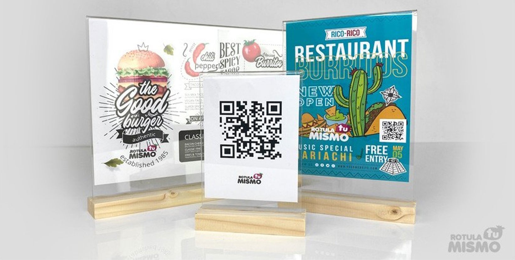 Portamenús metacrilato base madera